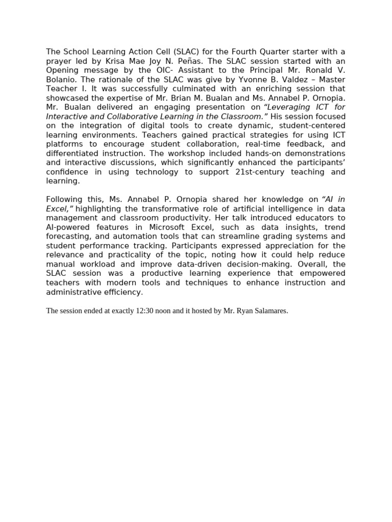 SLAC 4 Accomplishment Report | PDF