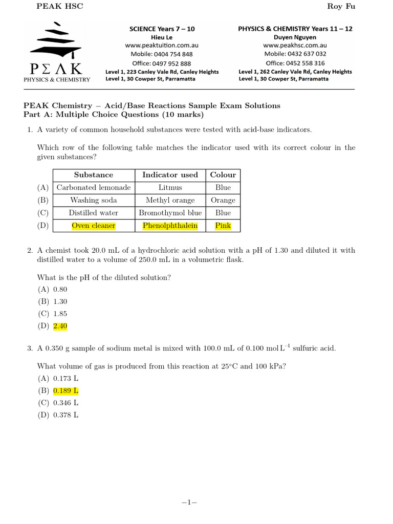 Acid-Base Reactions Sample Exam Solutions | PDF | Acid | Buffer Solution
