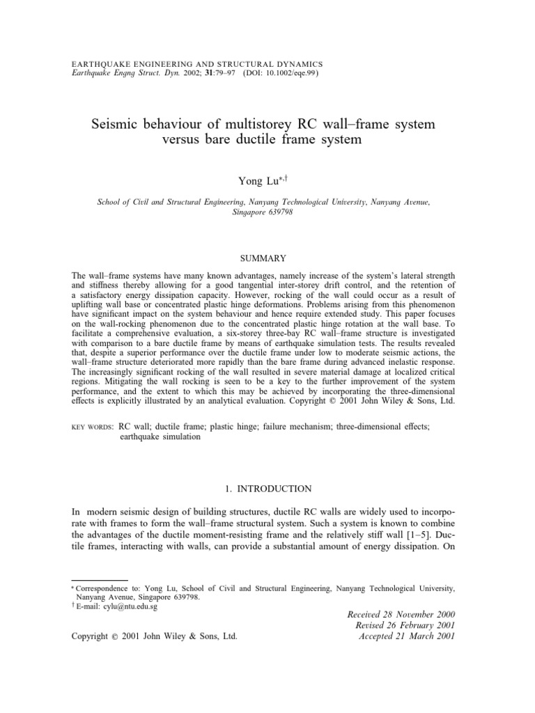 Yong Lu - 2001 - Seismic Behaviour of Multistorey RC Wall Frame System ...