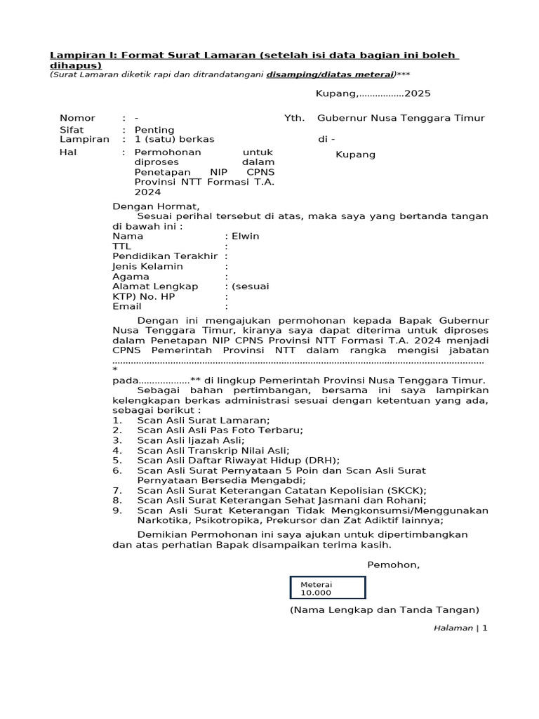 Contoh Lampiran DRH Pemprov NTT | PDF