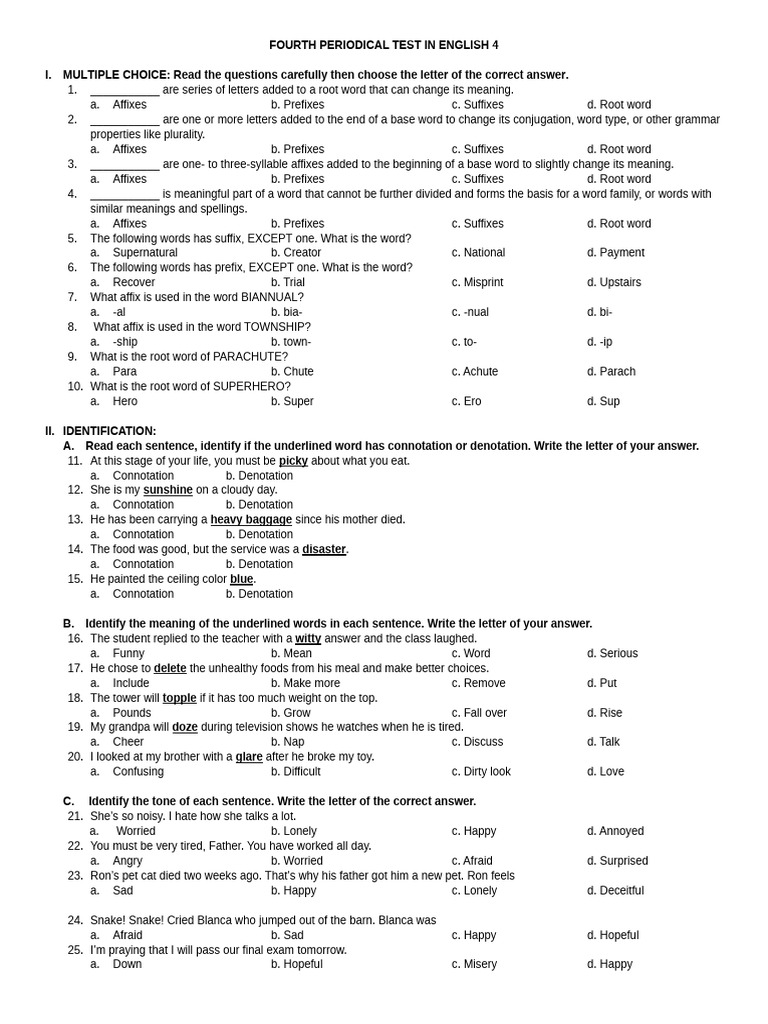 Grade 4 English Periodical Test | PDF | Word | Linguistic Morphology