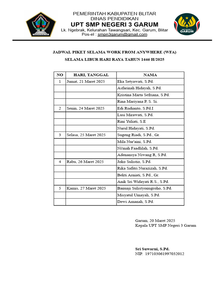 Jadwal Piket WFA.docx | PDF
