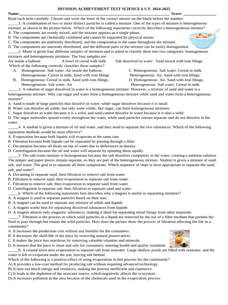 Science 6 - Division Achievement Test - Sy 2024-2025 | PDF | Mixture ...