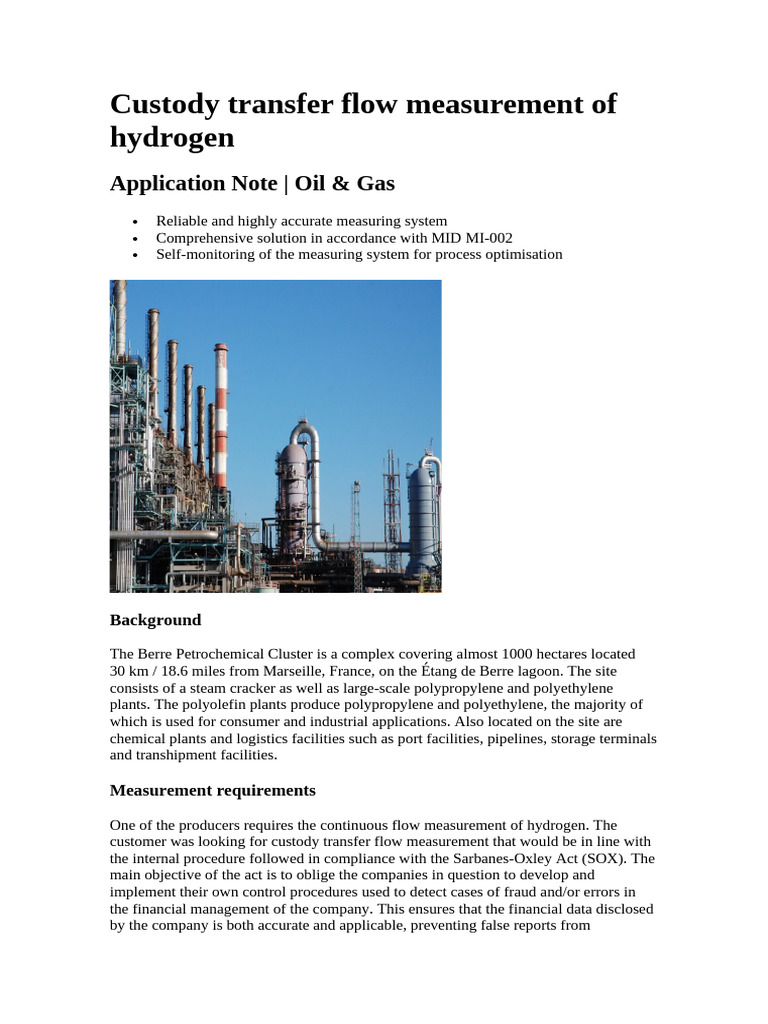 Custody Transfer Flow Measurement of Hydrogen | PDF | Flow Measurement | Gases