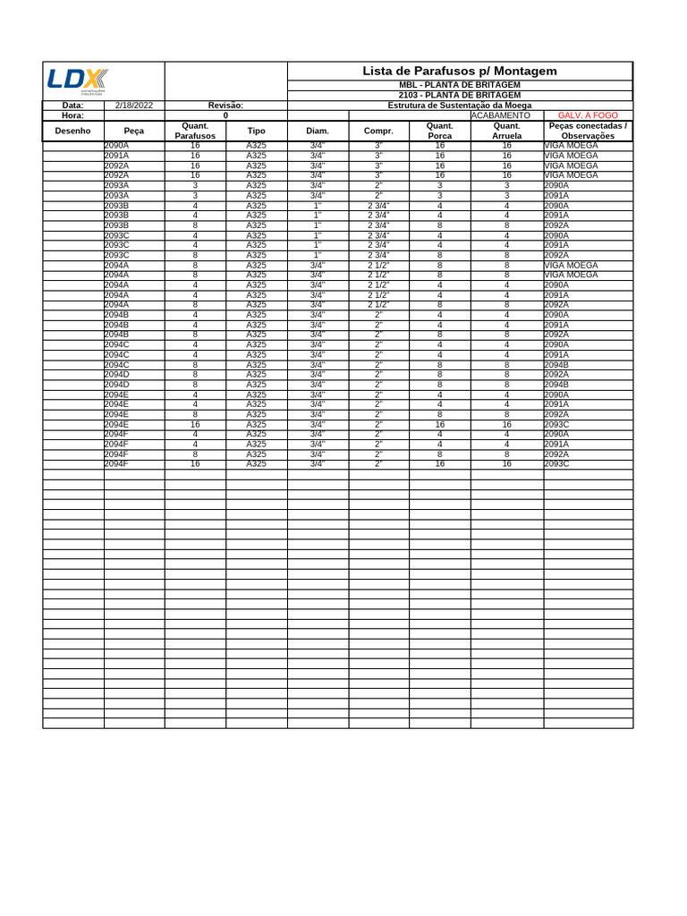 2103-Ldx MBL Lista de Montagem de Parafusos - Estrutura Sust Moega r0 | PDF | Metalurgia