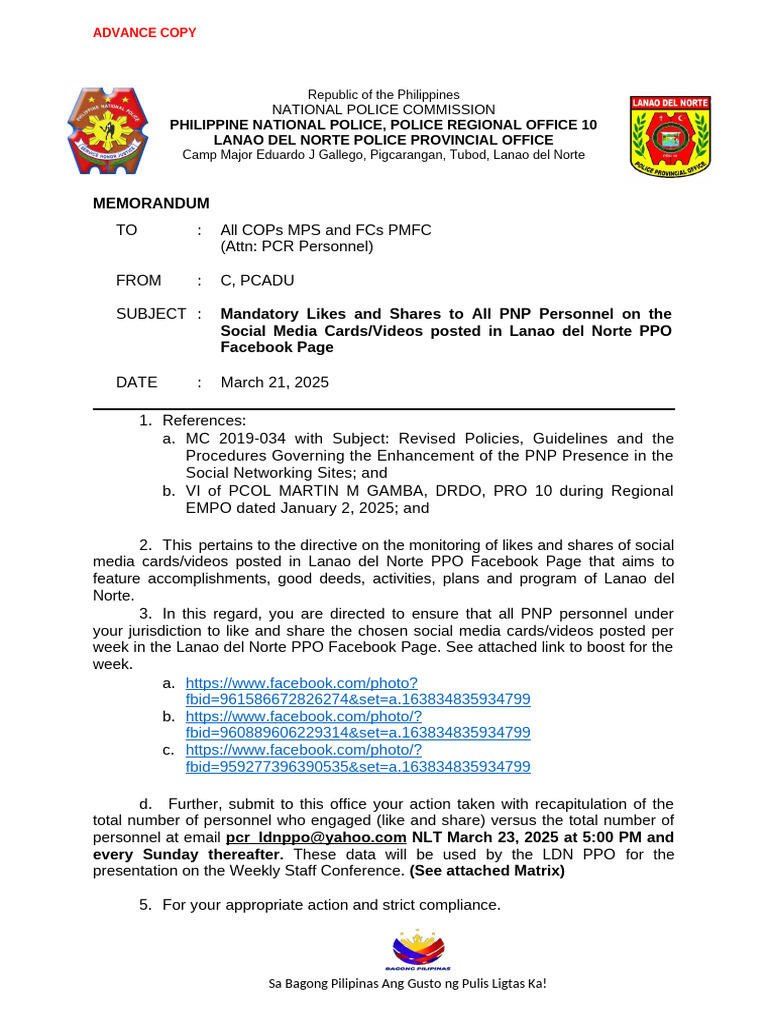 MEMO Re Mandatory Likes and Shares of PNP Personnel For LDN PPO | PDF ...