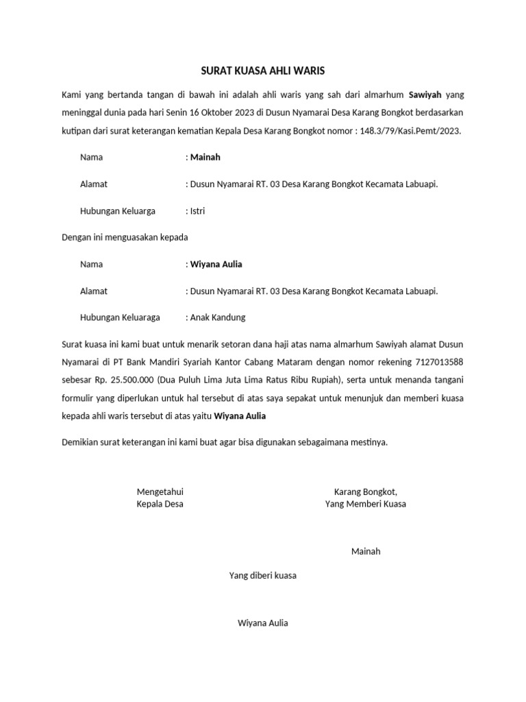 Surat Kuasa Ahli Waris | PDF