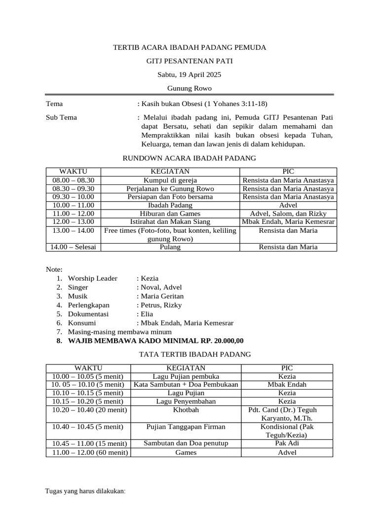 Rundown Ibadah Padang Pemuda 2025 | PDF