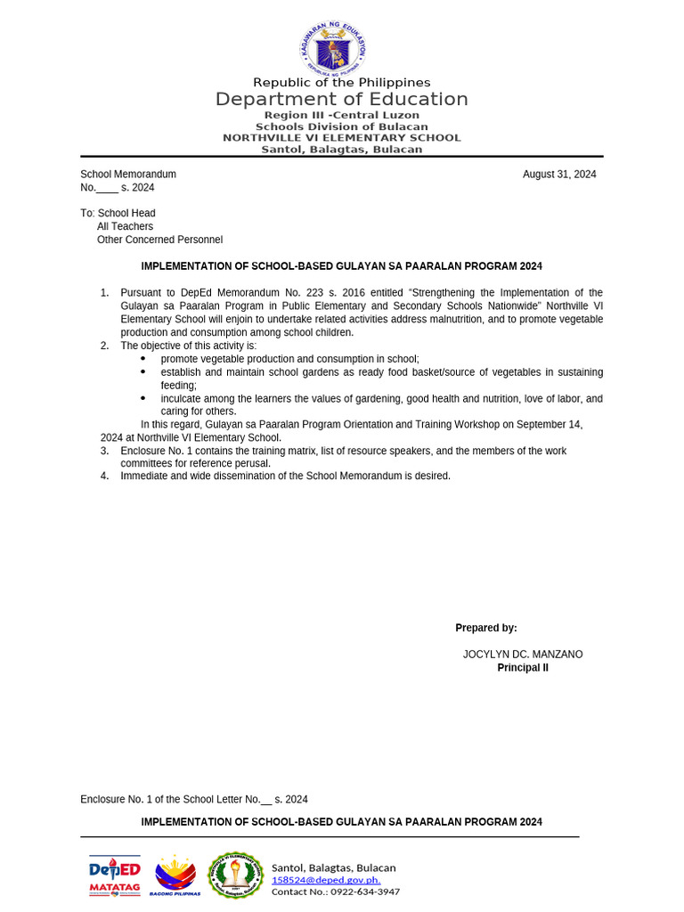 Gulayan Sa Paaralan Memo 2024 | PDF