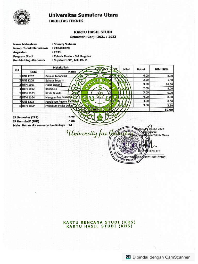 Transkrip Nilai Shandy Siahaan USU 210401020 | PDF