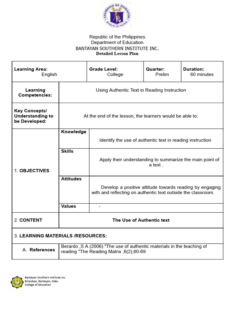 4 Using Authentic Text in Reading Instruction DLP | PDF | Learning ...