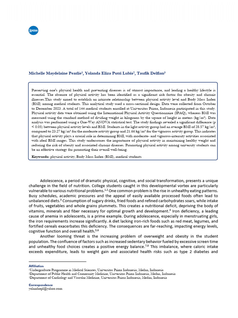 The Relationship Between Physical Activity and Bod | PDF | Body Mass ...