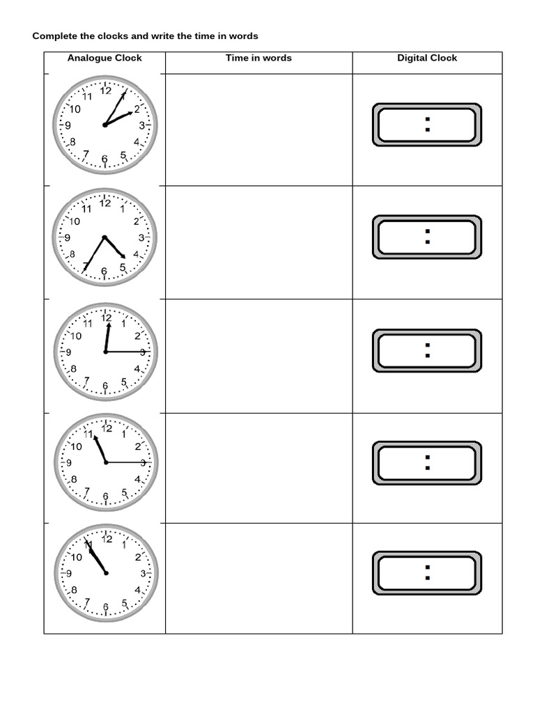 Complete The Clocks and Write The Time in Words | PDF