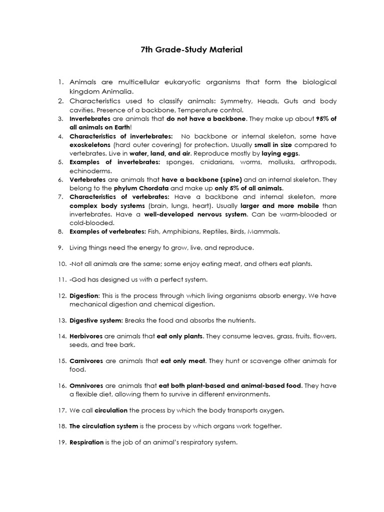 7th Grade-Study Material | PDF | Human Body | Invertebrate