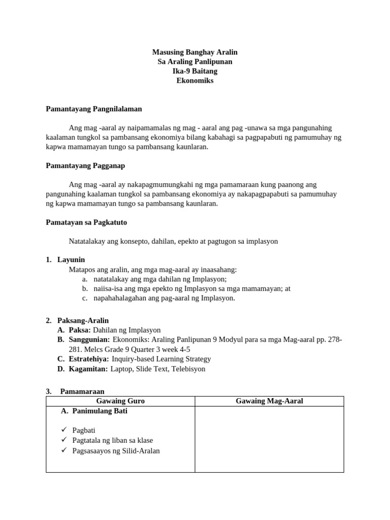 Masusing Banghay Aralin Sa Pagtutura NG Ekonomiks 9 Implasyon | PDF