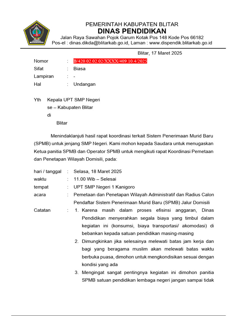 Undangan Rapat Koordinasi SPMB SMP | PDF
