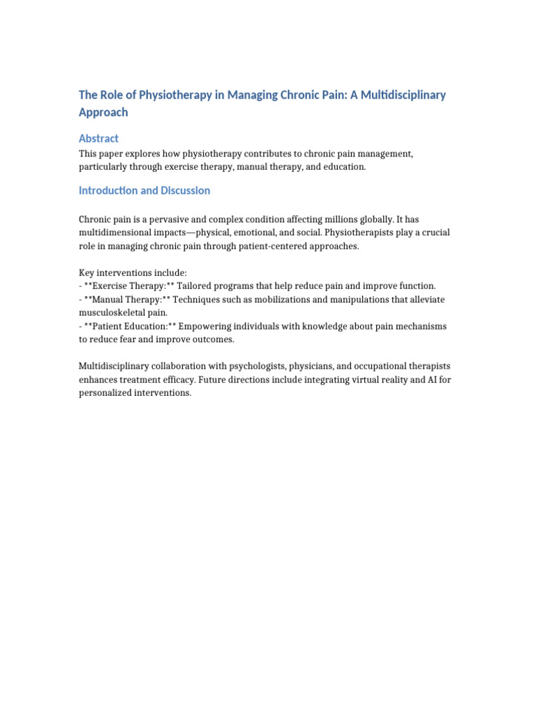 The Role of Physiotherapy in Managing Chronic Pain A Multidisciplinary ...