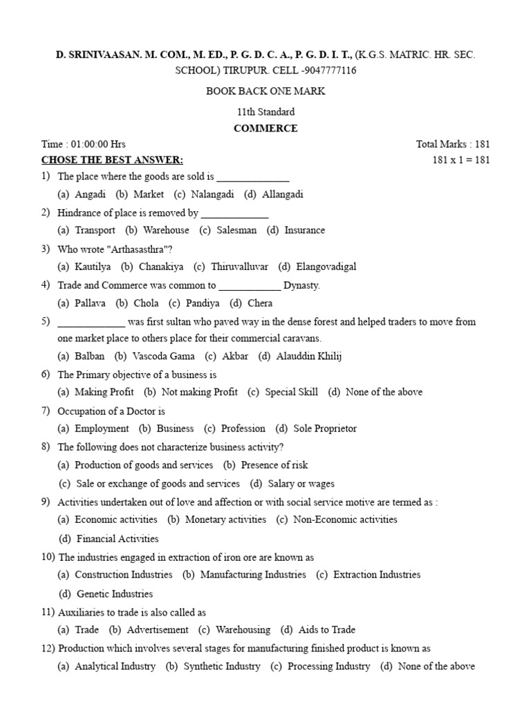 Namma Kalvi 11th Commerce Book Back One Mark Questions and Answers | PDF | Bill Of Lading ...