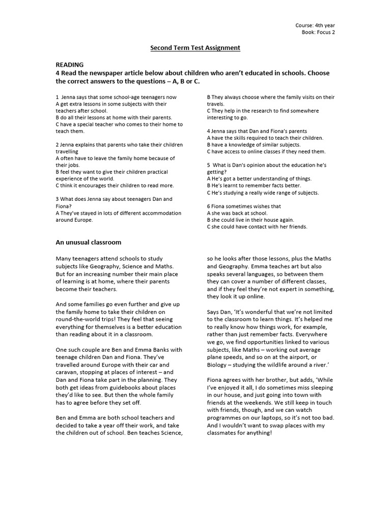 4thsecond Term Test Assignment | PDF | Teachers | Learning