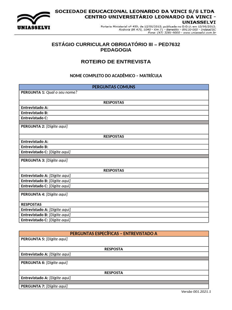 Roteiro de Entrevista - Estágio III PED | PDF