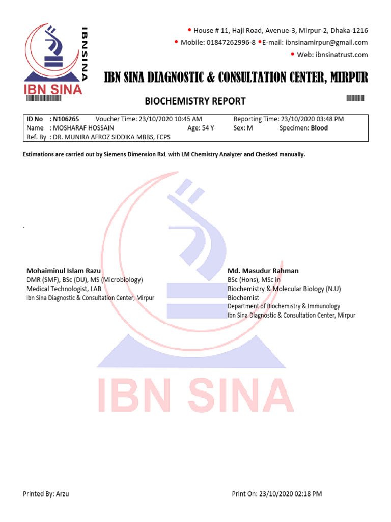 Biochemistry Report-IBN SINA | PDF