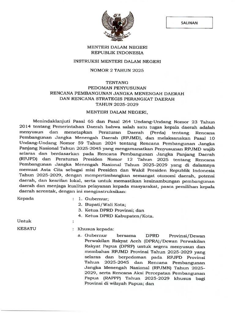 Inmen 2 Tahun 2025 Tentang Pedoman Penyusunan RPJMD Dan Renstra PDF 2025-2029 | PDF