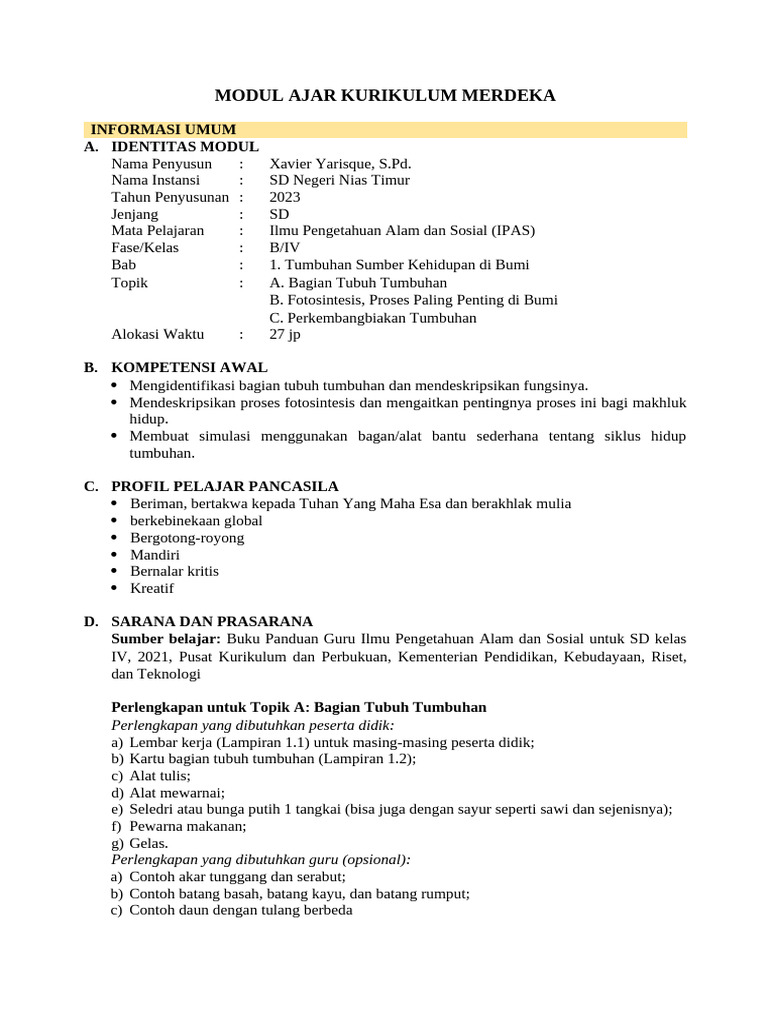 Format Modul Ajar Kurikulum Merdeka New Comment | PDF