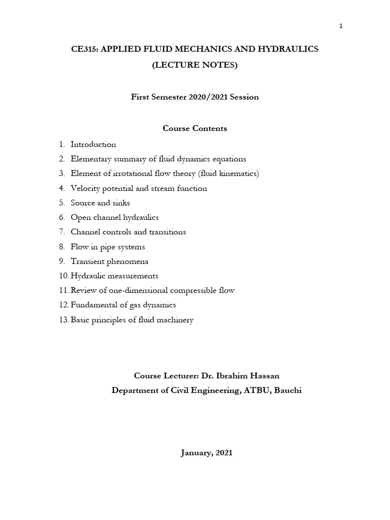 CE315 Applied Fluid Mechanis and Hydraulics-1 | PDF | Fluid Dynamics | Stress (Mechanics)