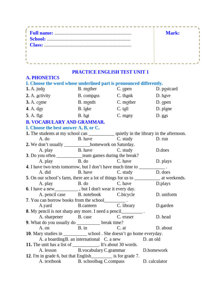 Unit 1 English Practice Test | PDF