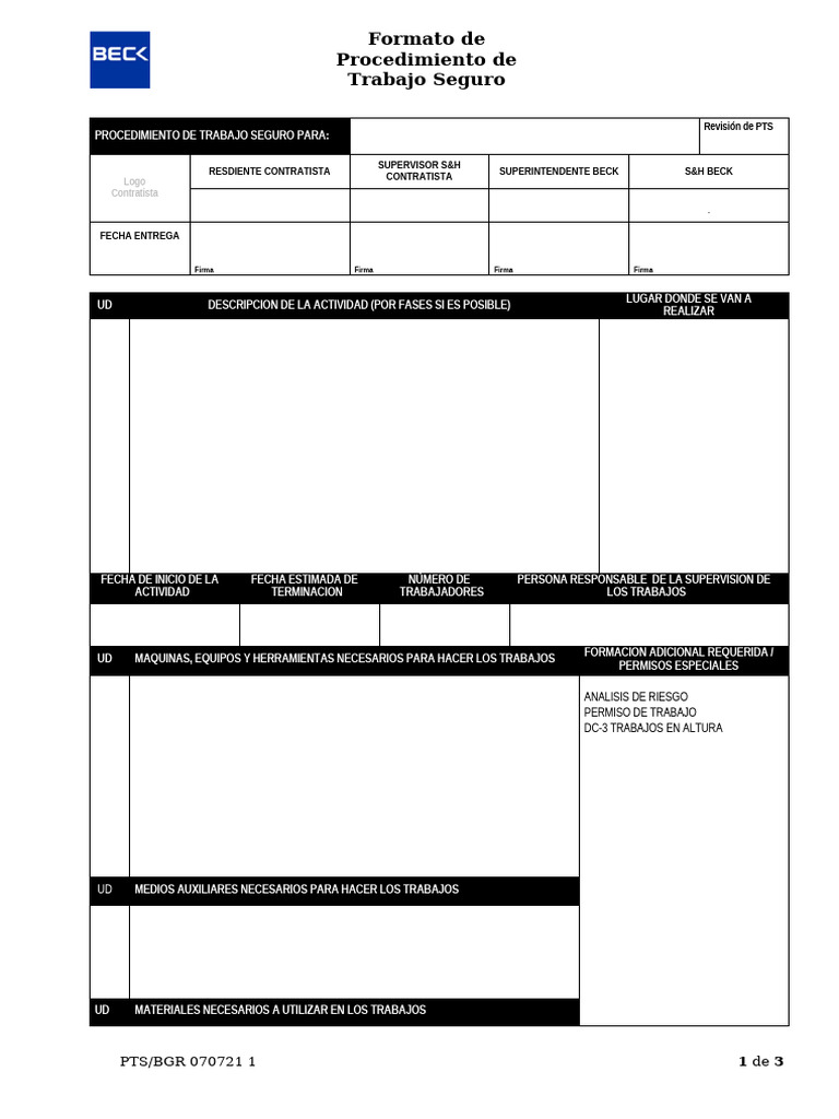 Formato de Procedimiento Seguro PTS | PDF