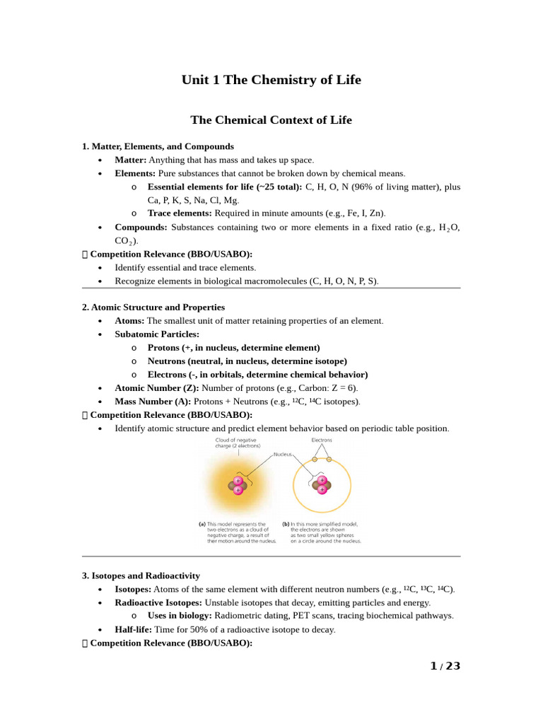 Unit 1 the Chemistry of Life-总结 | PDF | Chemical Bond | Chemical Elements