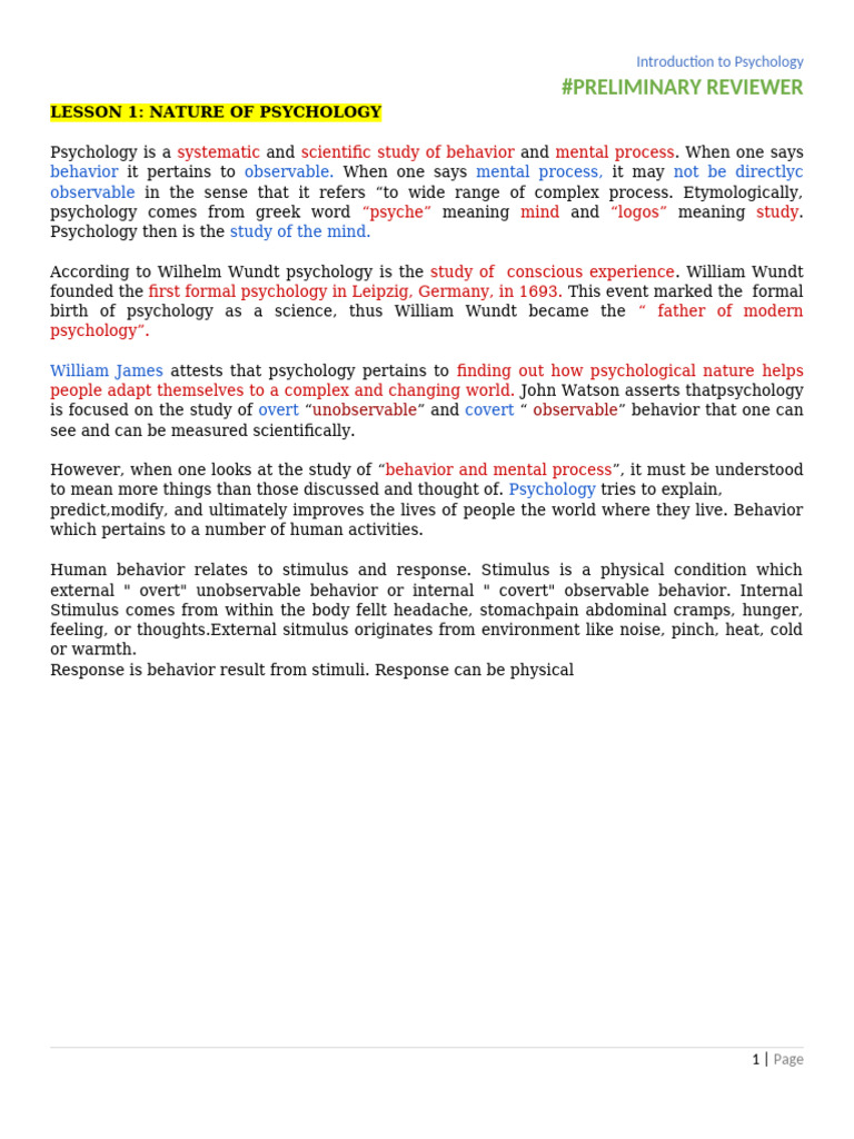 Psy 101 Prelim Reviewer Format | PDF | Psychology | Cognition