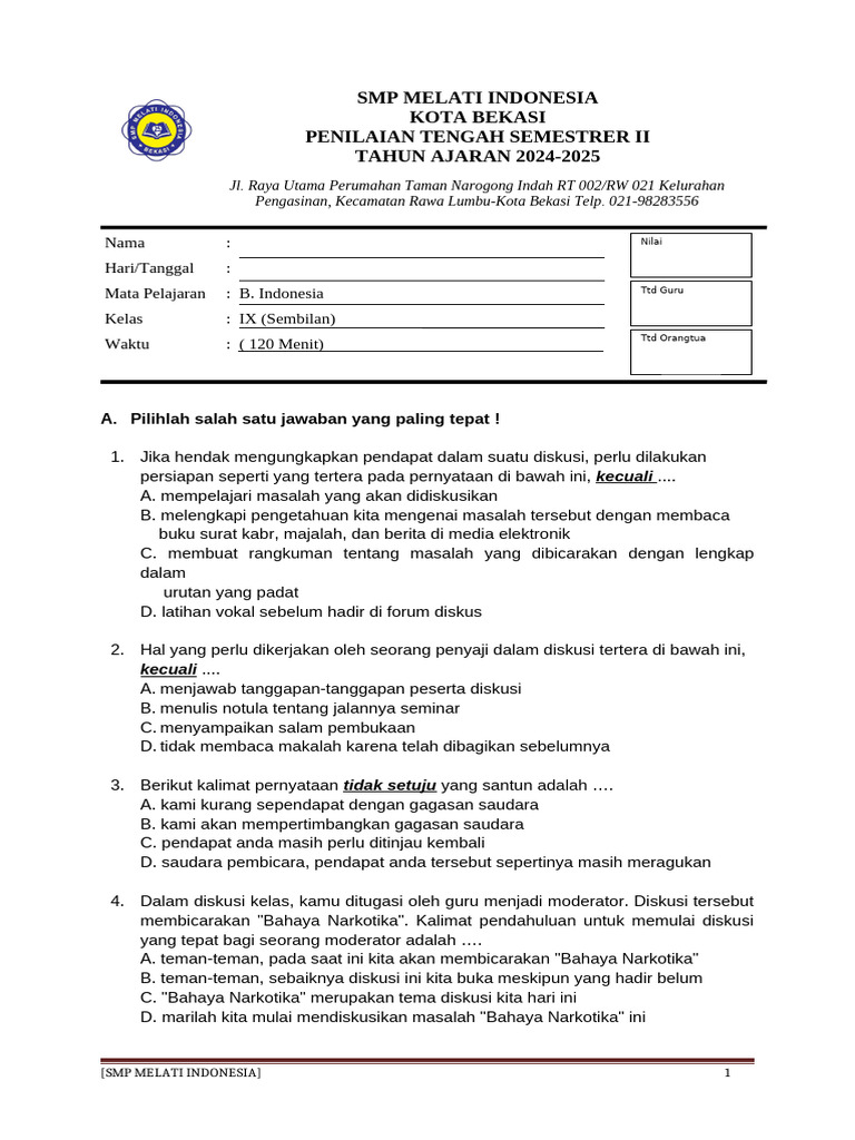 Soal Pts B.indo Kelas 9 Sesmester II Teks Cerita Inspiratif Dan Diskusi | PDF