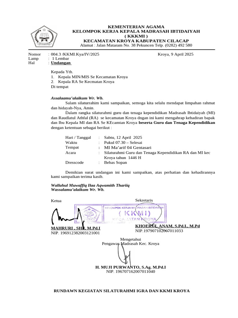 Undangan Silaturahmi Kkmi Dan Igra Kec Kroya 2025 | PDF