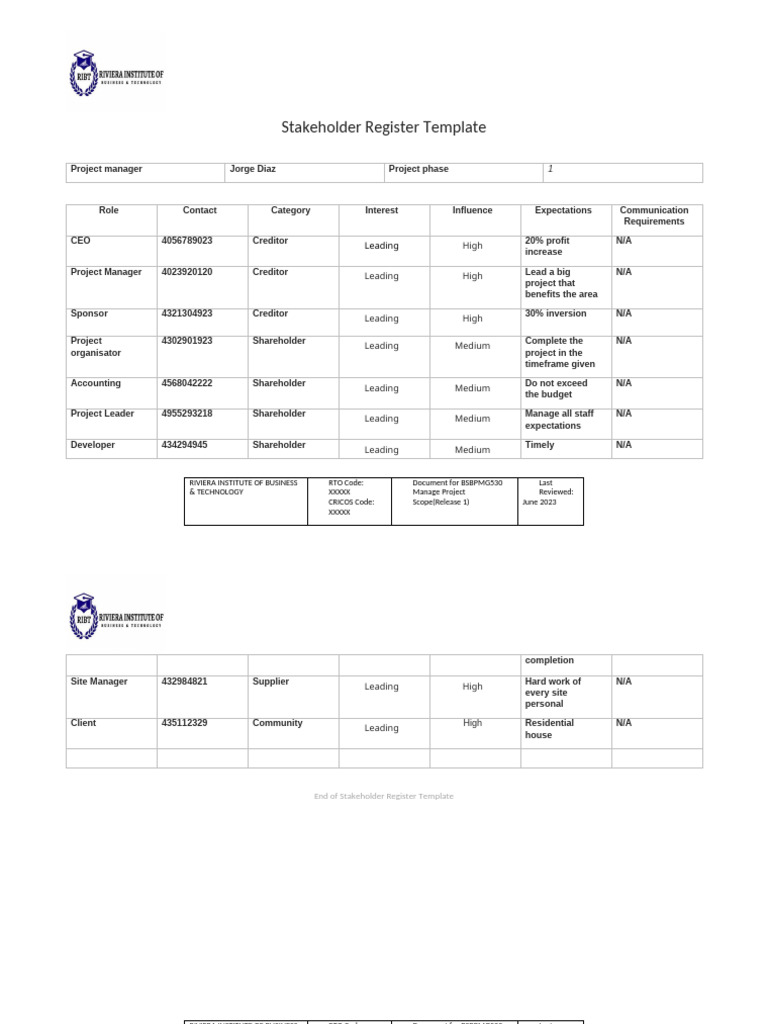 BSBPMG530 - Stakeholder-Register-Template-v1.0 - Sttudent.v1.0 | PDF ...