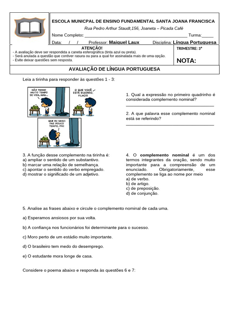 Avaliação Agente Da Passiva, Aposto, Vocativo | PDF | Sintaxe | Gramática