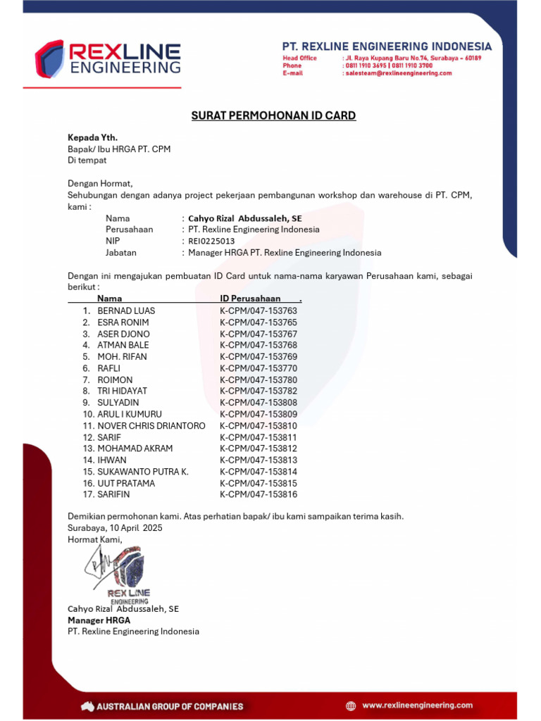 Permohonan ID Card Karyawan PT. Rexline | PDF