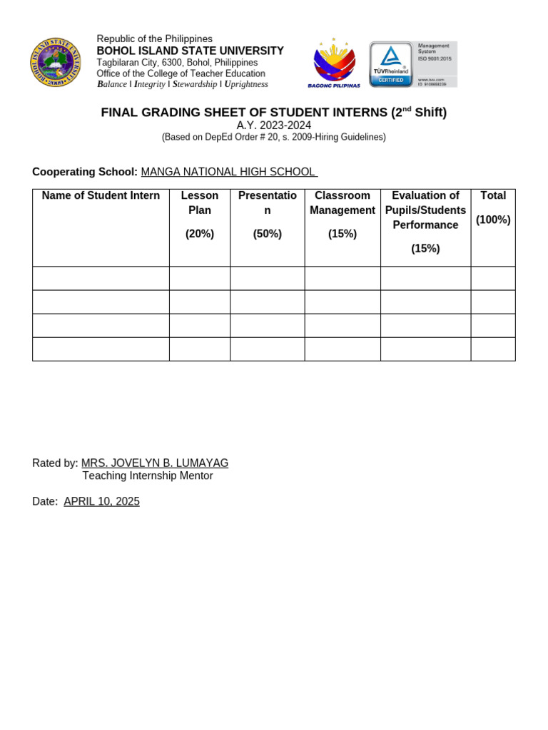 Bohol State University Student Intern Grading Sheet | PDF