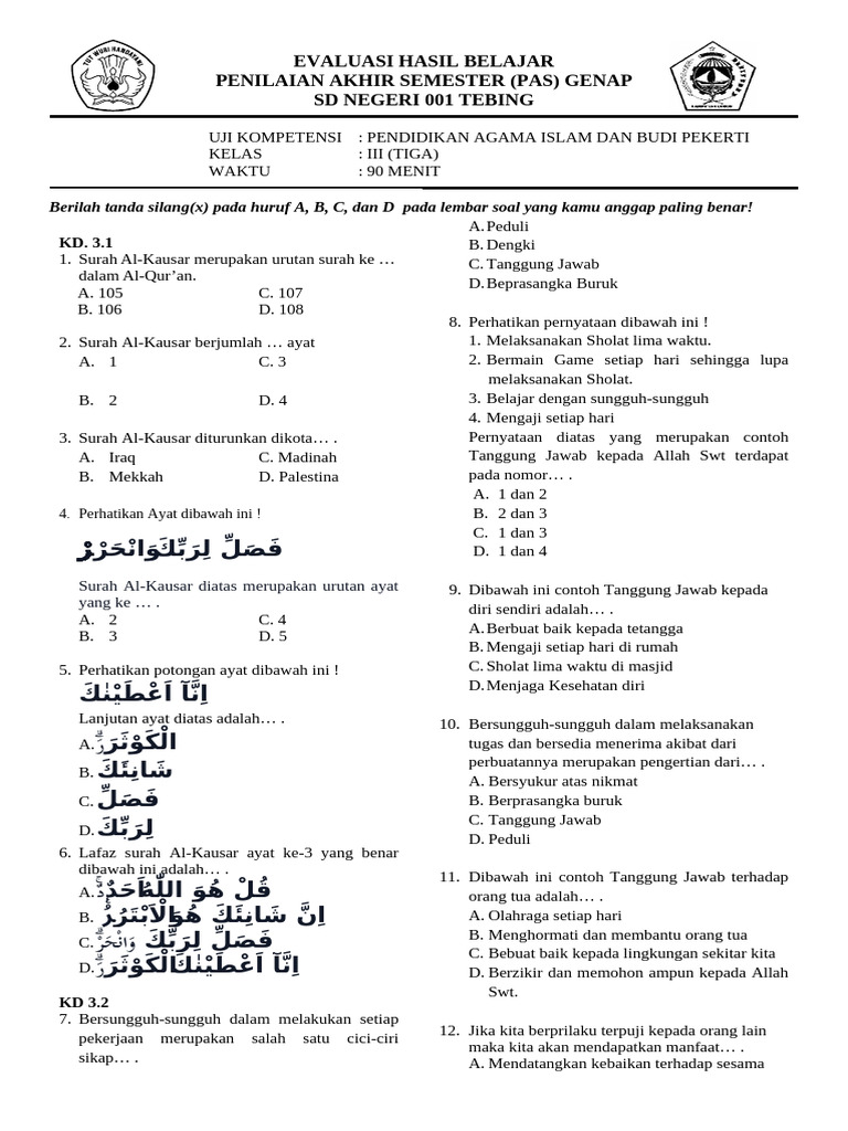 Soal Pas Genap Kelas 3 Tp. 2024-2025-k13 | PDF
