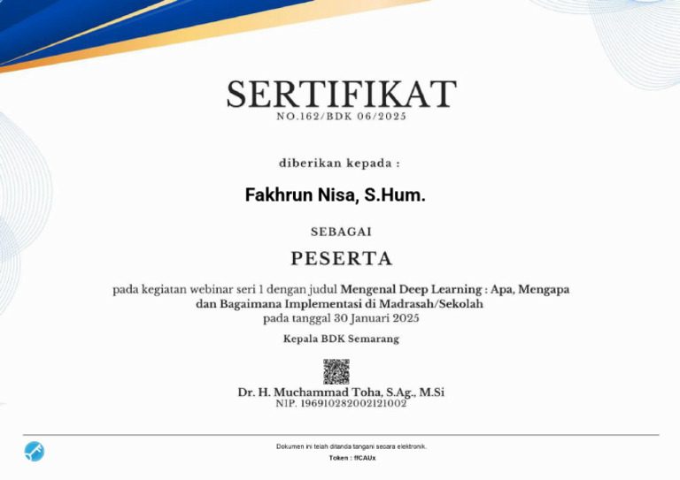 Sertifikat Webinar Deep Learning BDK Semarang | PDF