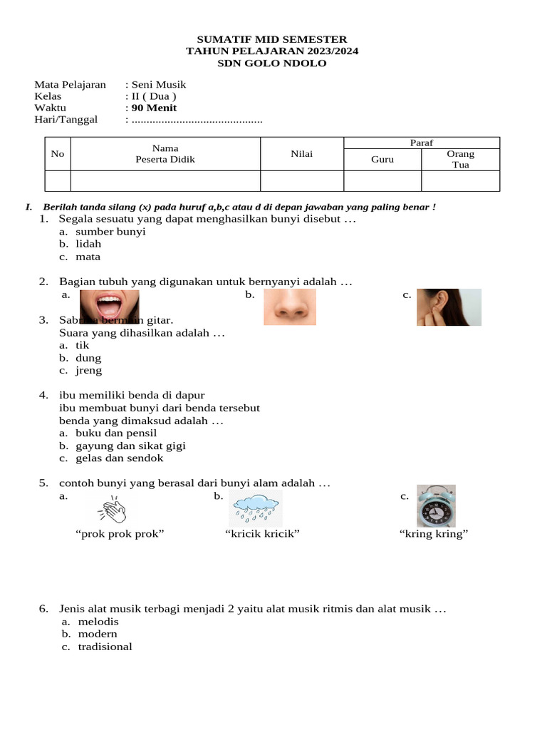 Soal Seni Musik Kelas 2 Semester 2 Kumer | PDF