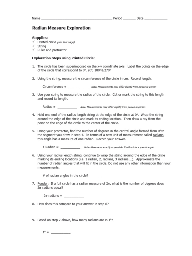 Unit 3.1 Radian Measure Exploration | PDF | Circle | Angle