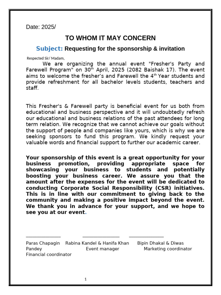 Freshers and Fare Well Program Sponsor | PDF