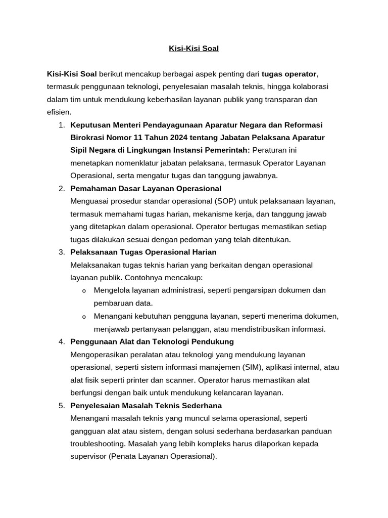 KisI-Kisi Soal Operator Layanan Oprasional | PDF