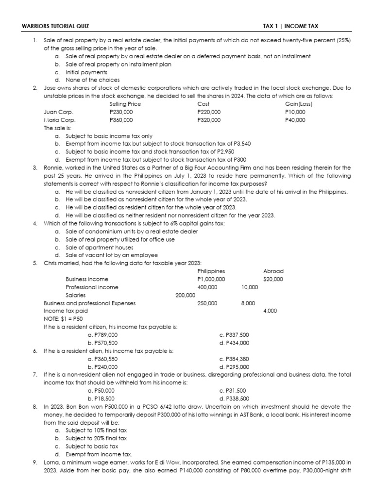 Income Tax Quiz for Tax Professionals | PDF | Taxes | Tax Deduction