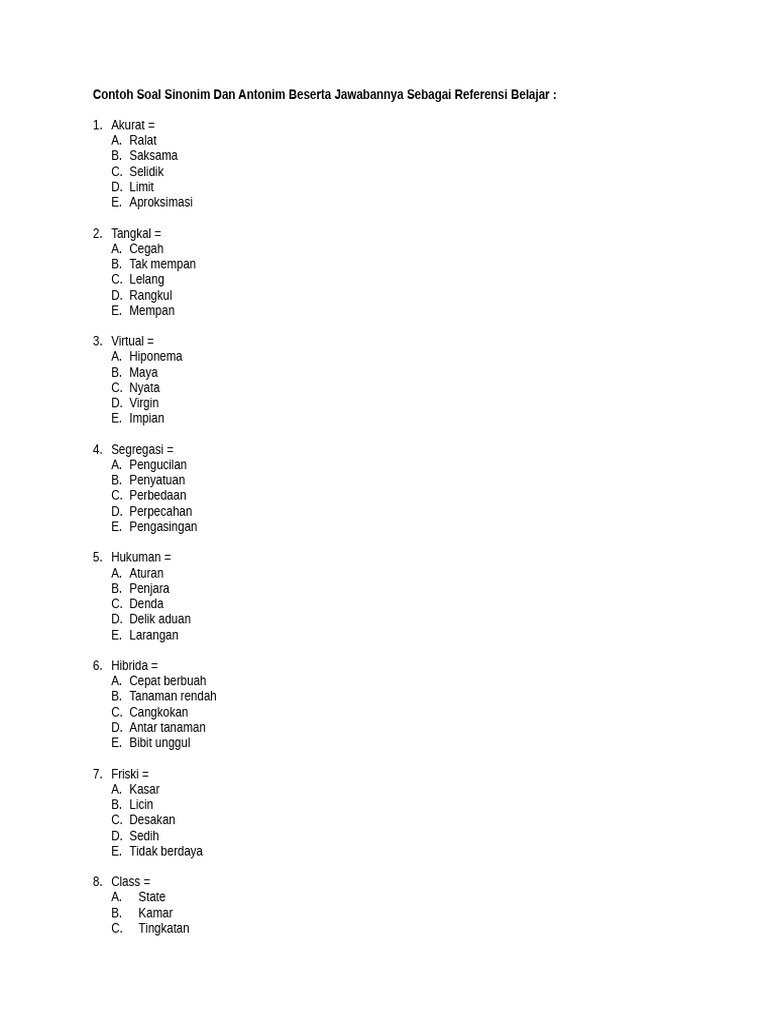 Contoh Soal Sinonim Dan Antonim Beserta Jawabannya Sebagai Referensi Belajar | PDF