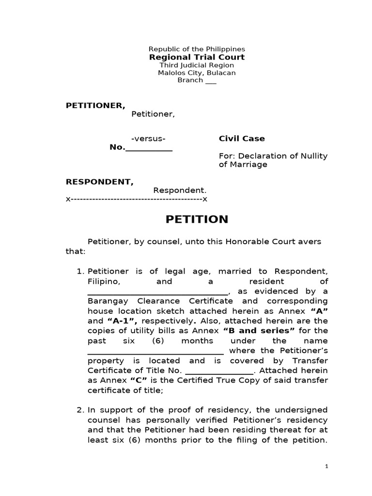 Petition For Annulment - Template | PDF | Annulment | Marriage