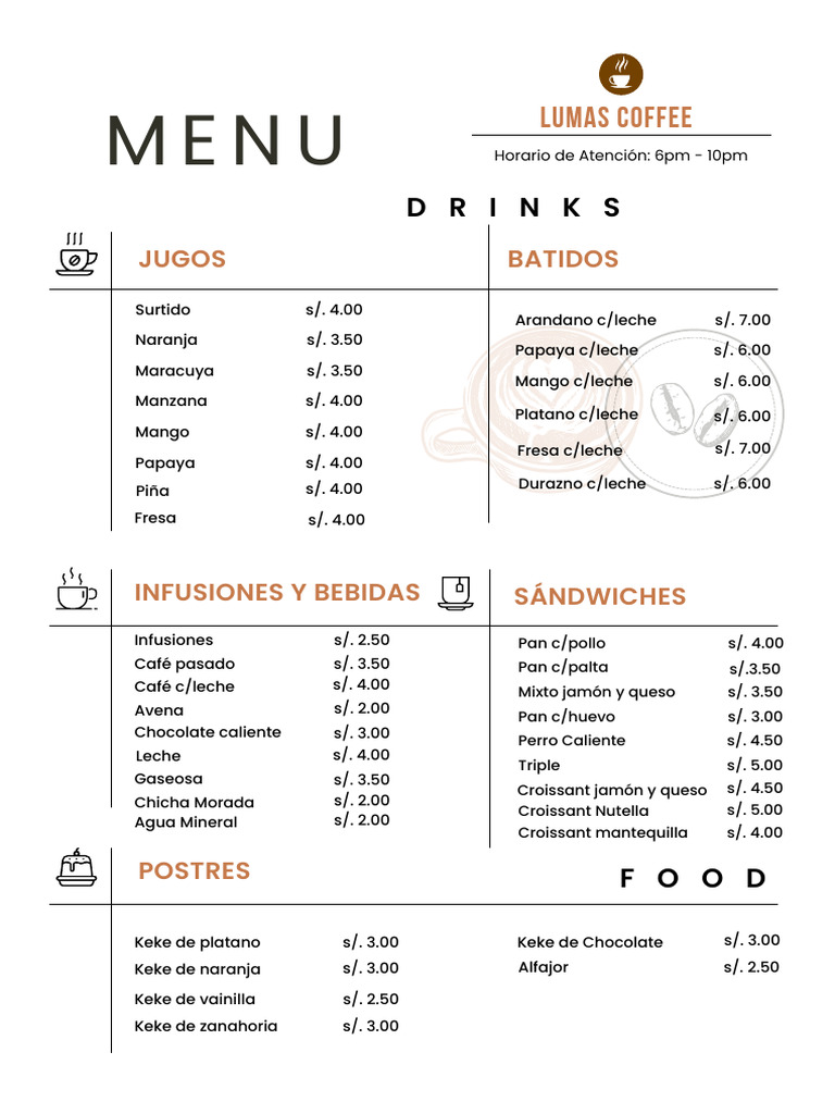 Lumas Coffee Menu: Drinks & Desserts | PDF