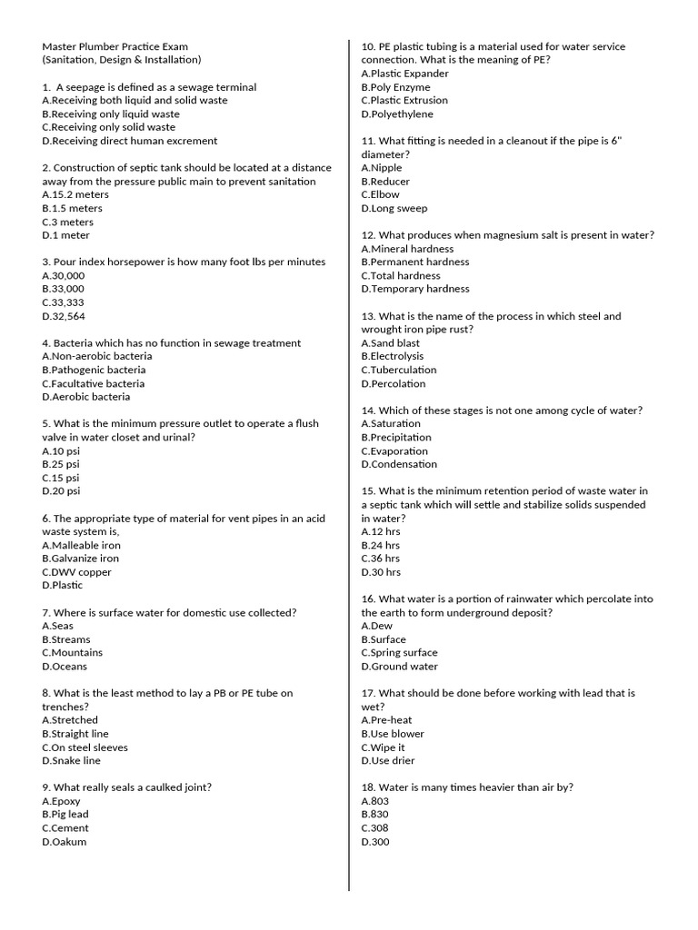 Master Plumber Practice Exam Question | PDF | Pipe (Fluid Conveyance ...