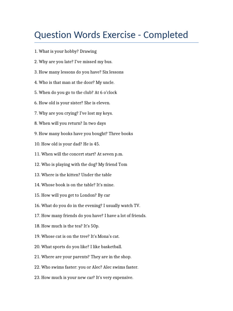 Question Words Exercise 2 Completed 2 | PDF
